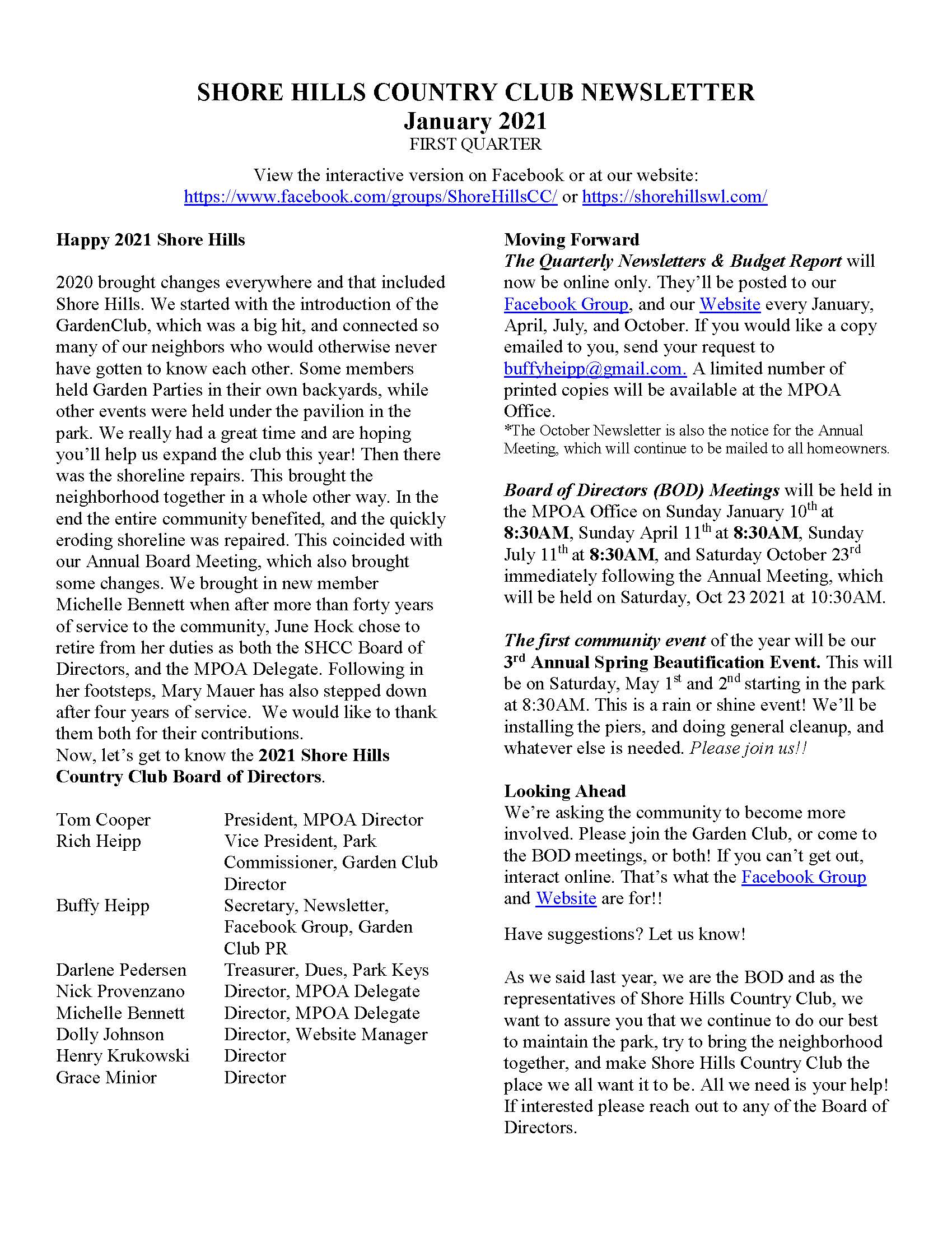 Shore Hills Country Club Newsletter – January 2021 (First Quarter ...