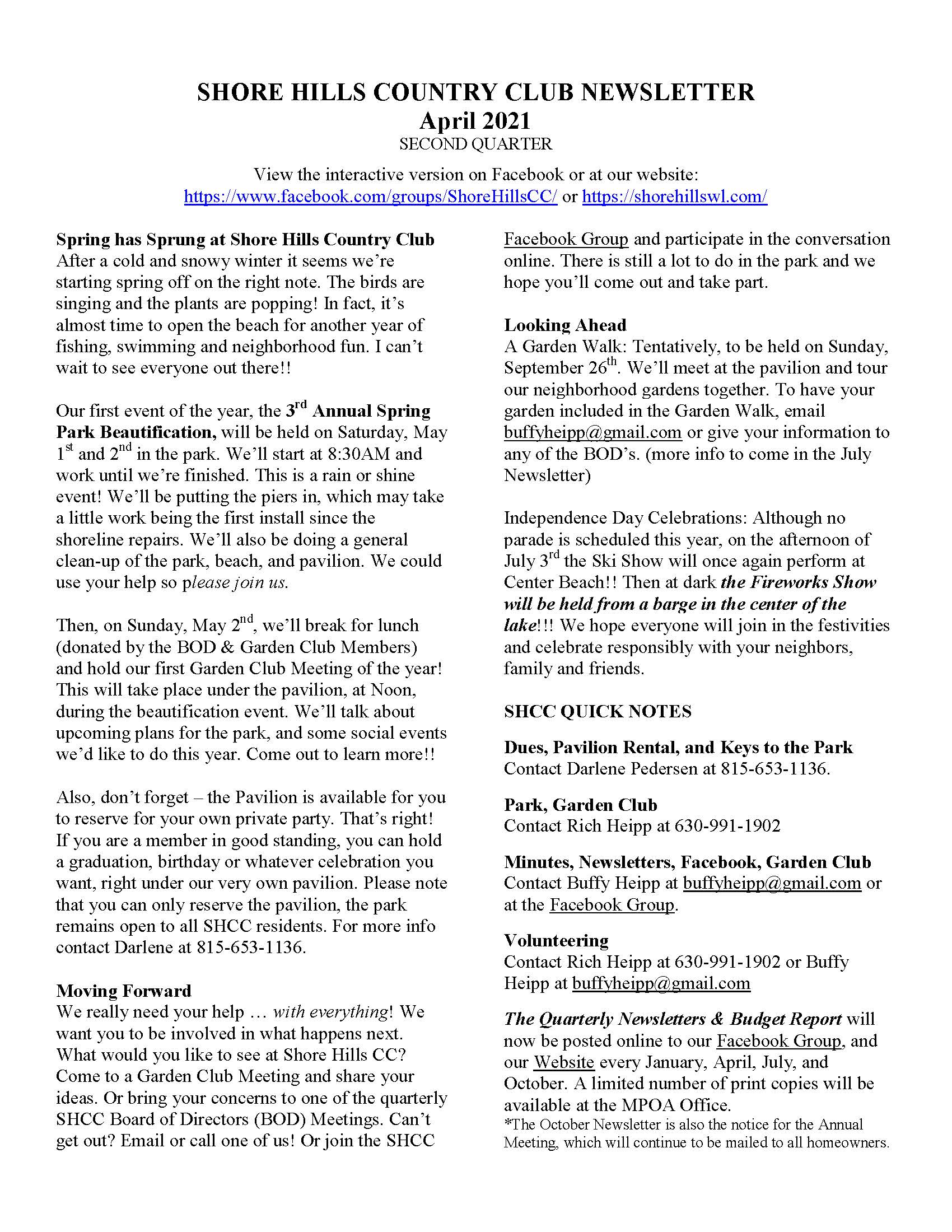 Shore Hills Country Club Newsletter – April 2021 (Second Quarter ...